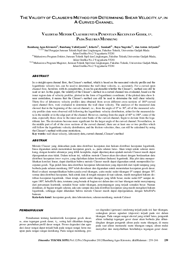 (PDF) The Validity Of Clauser’s Method For Determining Shear Velocity, U*, In A Curved Channel