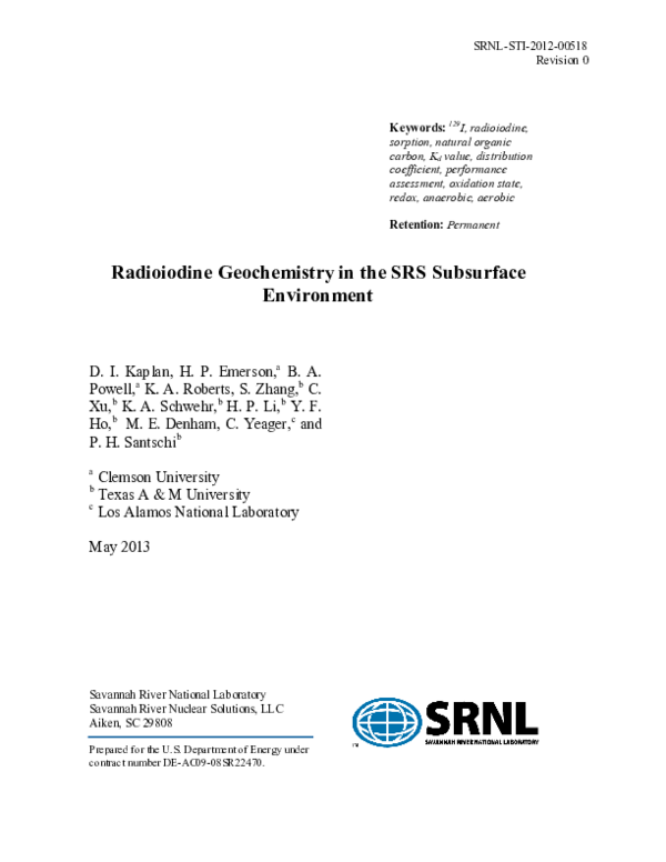 (PDF) Radioiodine Geochemistry in the SRS Subsurface Environment