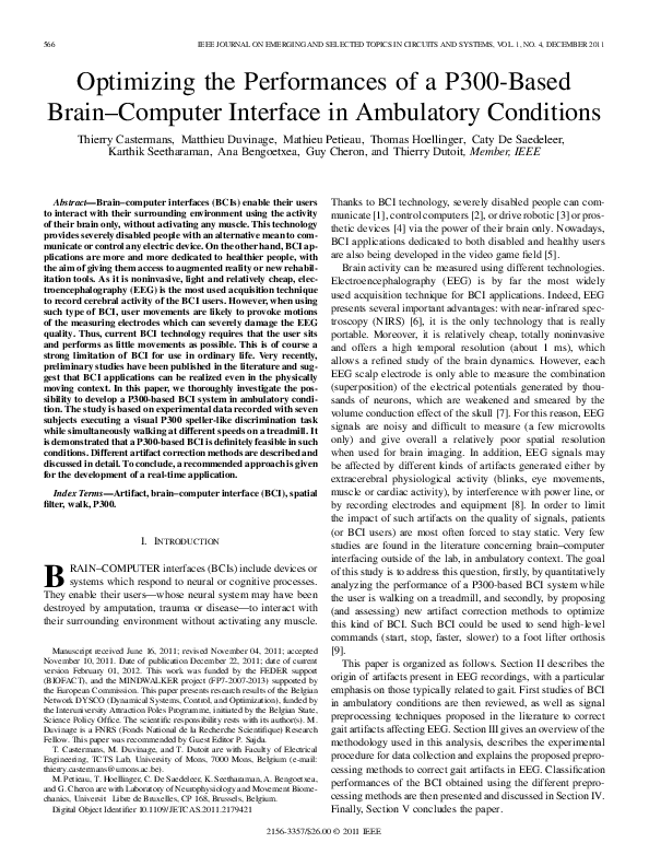 (PDF) Optimizing the Performances of a P300-Based Brain Computer Interface in Ambulatory Conditions