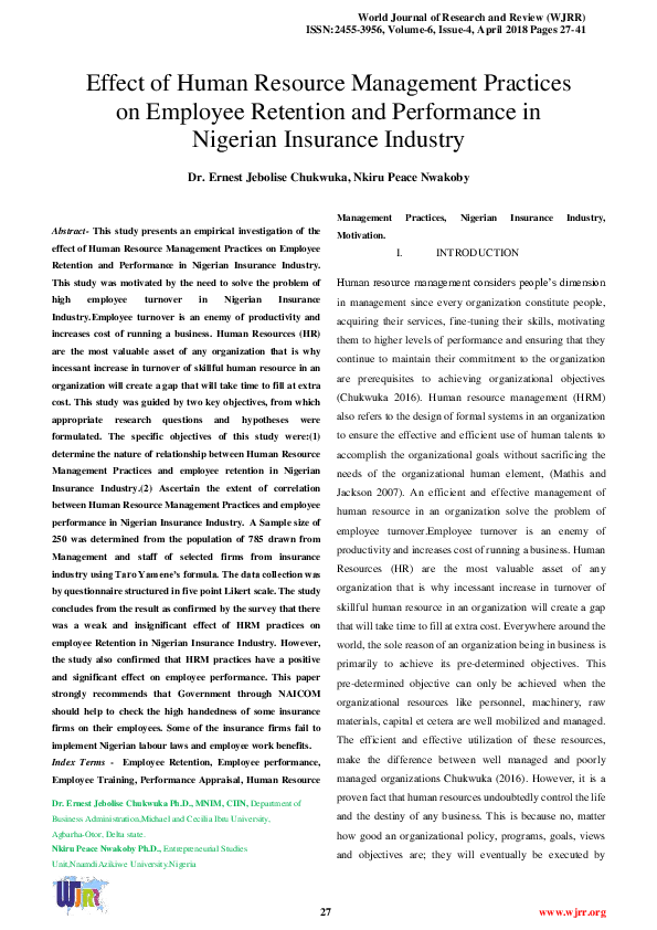 (PDF) EFFECT OF HUMAN RESOURCE MANAGEMENT PRACTICES ON EMPLOYEE RETENTION