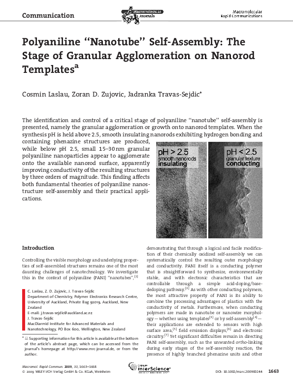 (PDF) Polyaniline “Nanotube” Self‐Assembly: The Stage of Granular ...