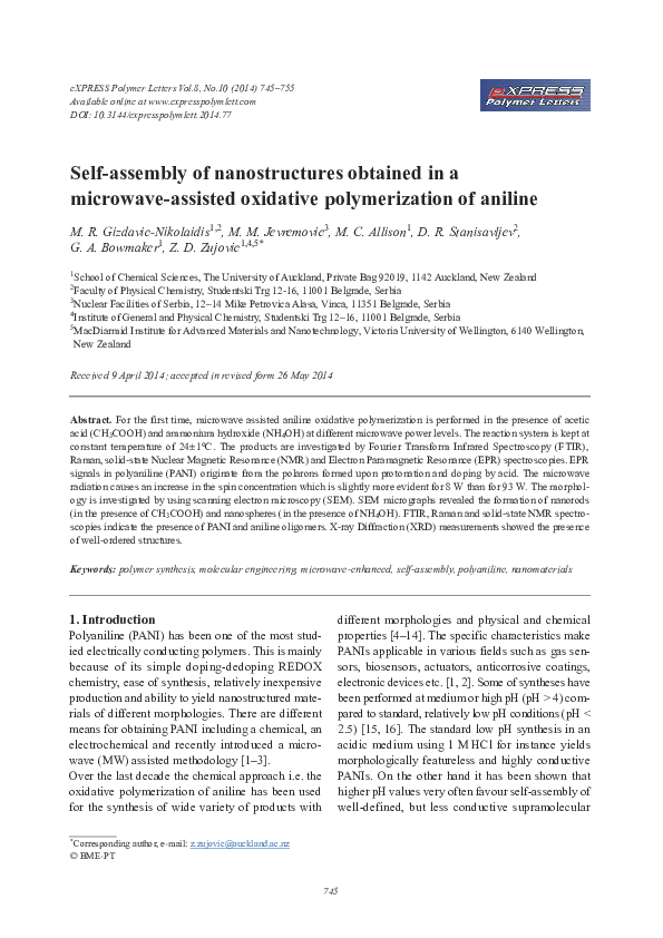 (PDF) Self-assembly of nanostructures obtained in a microwave-assisted oxidative polymerization ...