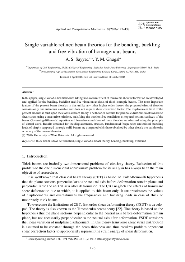 (PDF) Single variable refined beam theories for the bending, buckling ...