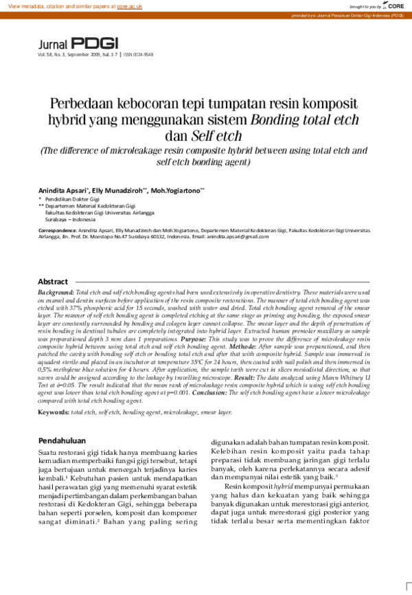 (PDF) Perbedaan Kebocoran Tepi Tumpatan Resin Komposit Hybrid Yang Menggunakan Sistem Bonding ...
