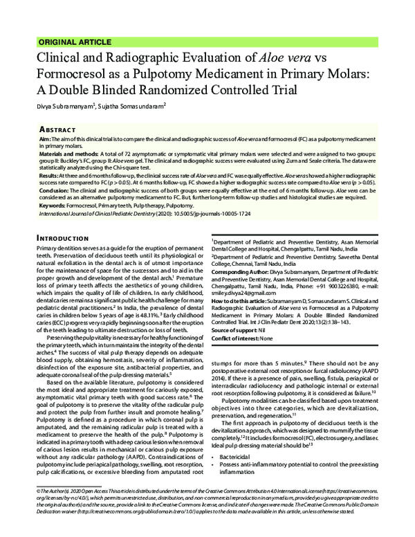 (PDF) Clinical and Radiographic Evaluation of Aloe vera vs Formocresol ...