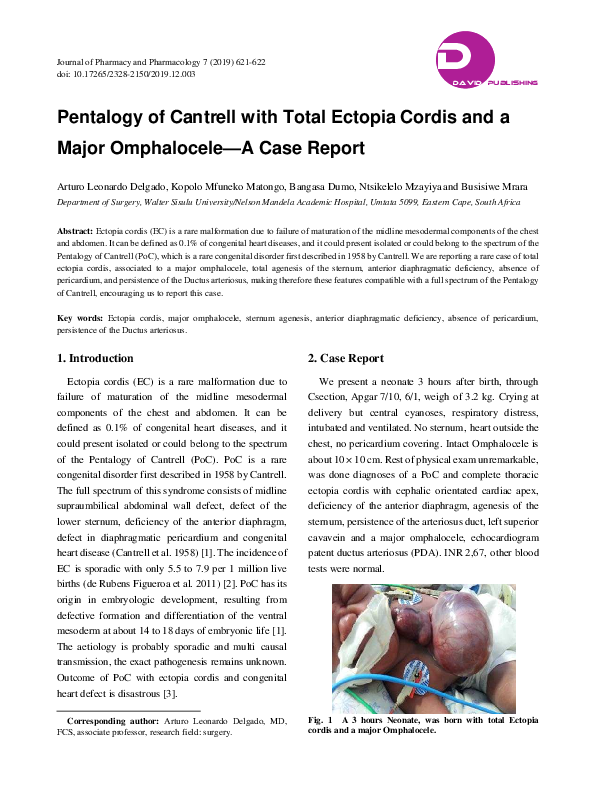 (PDF) Pentalogy of Cantrell with Total Ectopia Cordis and a Major Omphalocele—A Case Report
