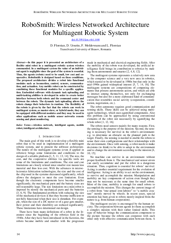 (PDF) RoboSmith: Wireless Networked Architecture for Multiagent Robotic System