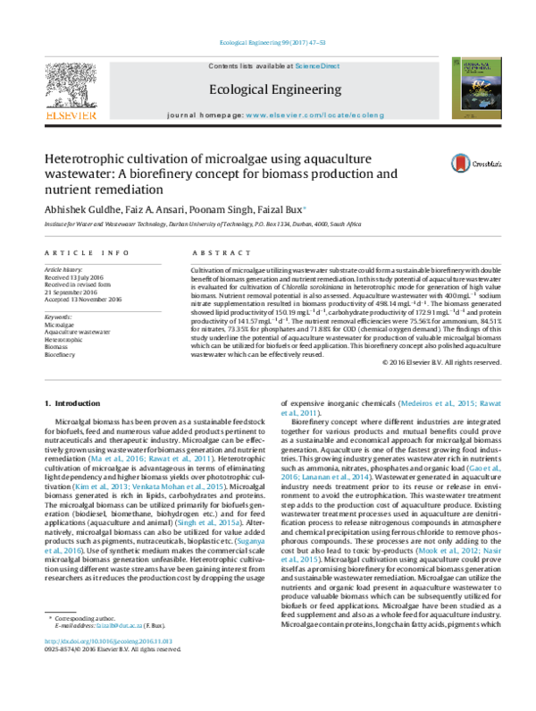 (PDF) Heterotrophic cultivation of microalgae using aquaculture wastewater: A biorefinery ...