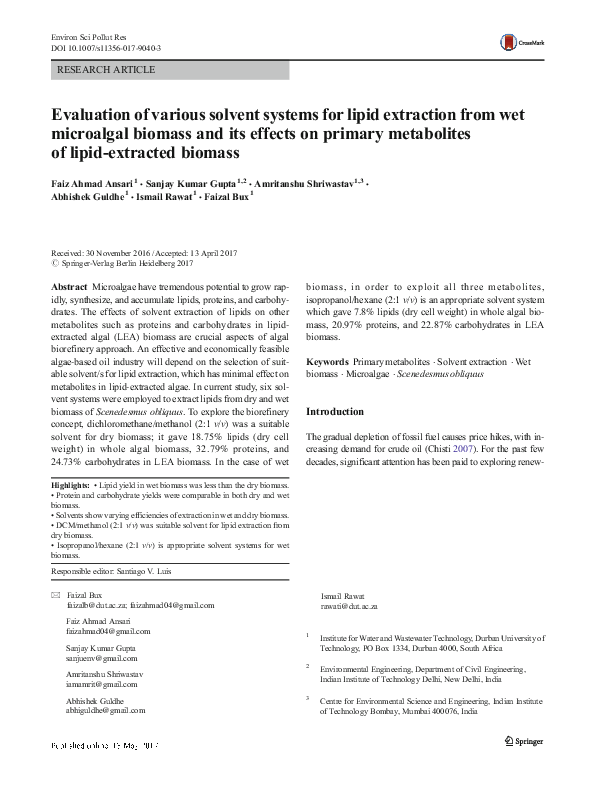 (PDF) Evaluation of various solvent systems for lipid extraction from ...