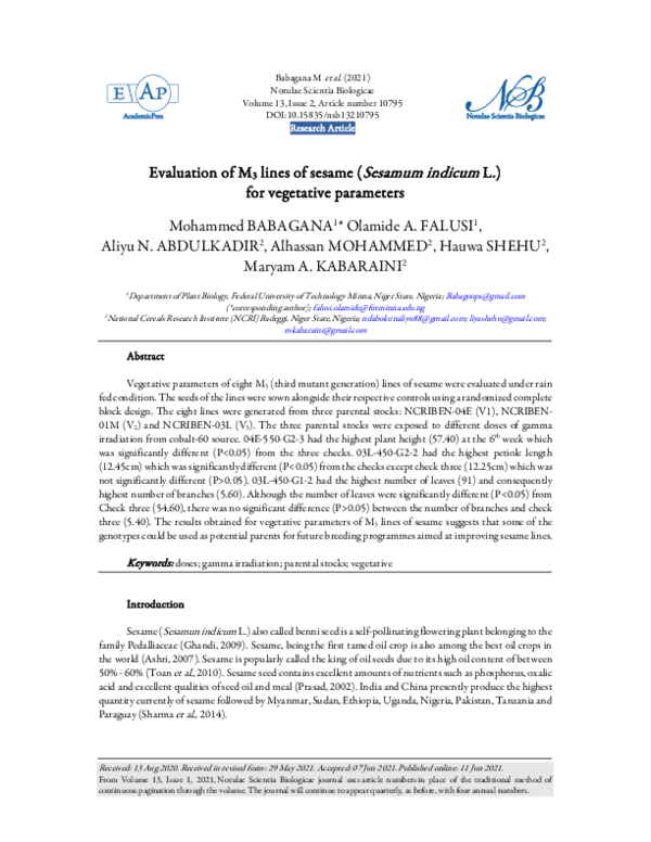 (PDF) Evaluation of M3 lines of sesame (Sesamum indicum L.) for ...