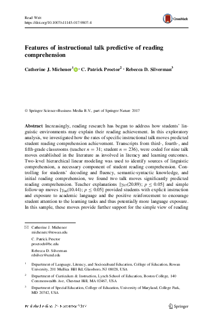 (PDF) Features of instructional talk predictive of reading ...