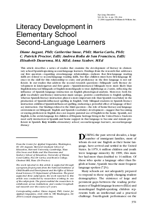 (PDF) Literacy Development in Elementary School Second-Language Learners