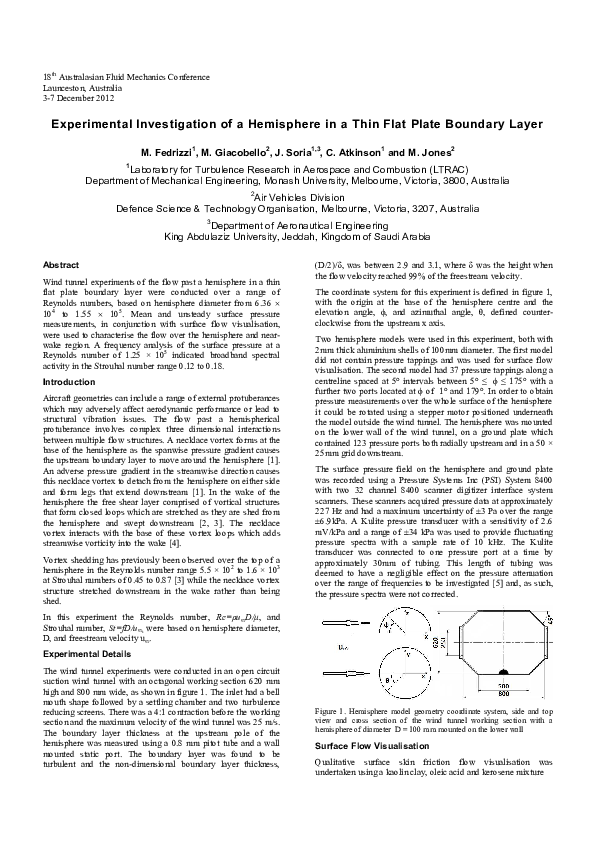 (PDF) Experimental investigation of a hemisphere in a thin flat plate boundary layer