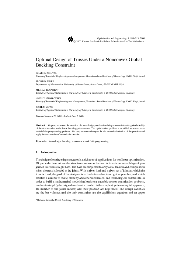 (PDF) Optimal Design of Trusses Under a Nonconvex Global Buckling Constraint
