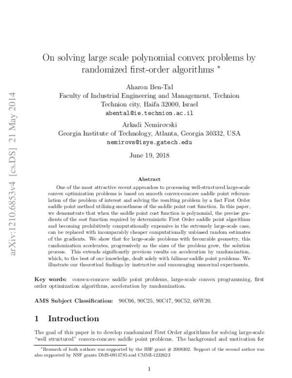 Pdf On Solving Large Scale Polynomial Convex Problems By Randomized First Order Algorithms
