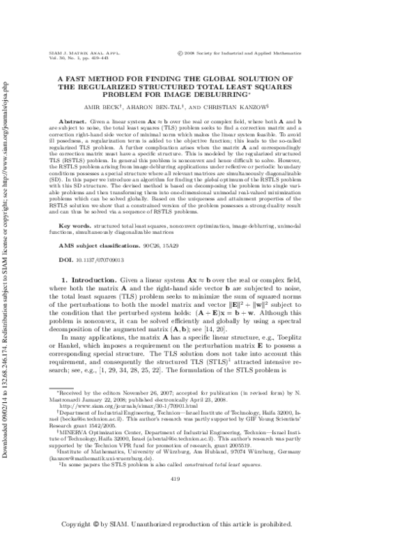Pdf A Fast Method For Finding The Global Solution Of The Regularized Structured Total Least 0848