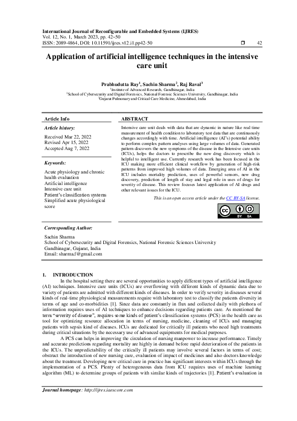 (PDF) Application of artificial intelligence techniques in the intensive care unit | PRABHUDUTTA ...