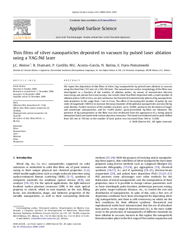 (PDF) Thin films of silver nanoparticles deposited in vacuum by pulsed laser ablation using a ...
