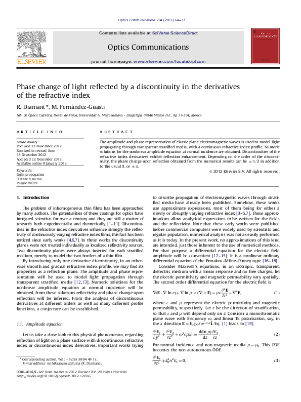 (PDF) Phase change of light reflected by a discontinuity in the derivatives of the refractive index