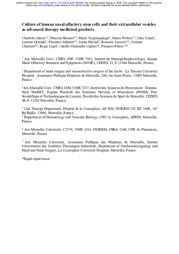 (PDF) Culture of human nasal olfactory stem cells and their extracellular vesicles as advanced ...