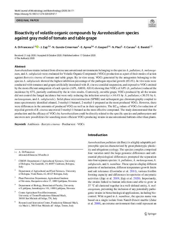 (PDF) Bioactivity of volatile organic compounds by Aureobasidium species against gray mold of ...