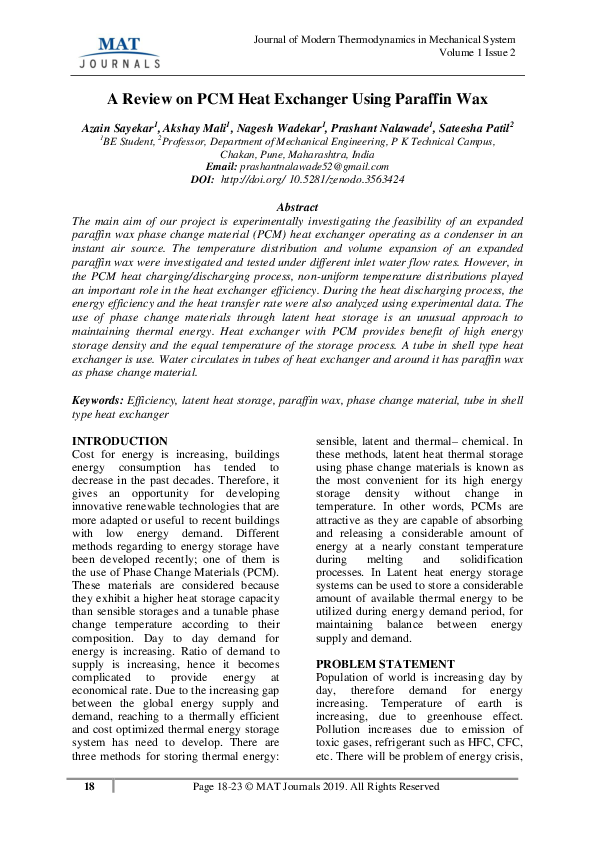 (PDF) A Review on PCM Heat Exchanger Using Paraffin Wax