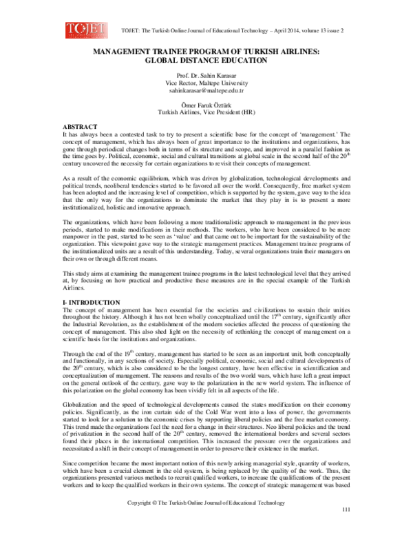 (PDF) Management Trainee Program of Turkish Airlines: Global Distance Education