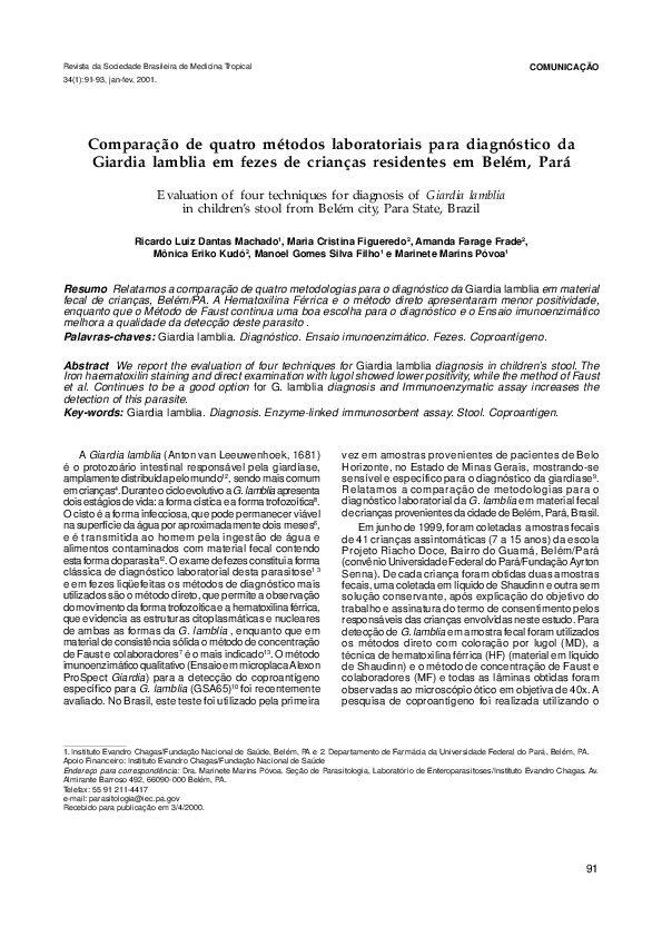 (PDF) Evaluation of four techniques for diagnosis of Giardia lamblia in ...