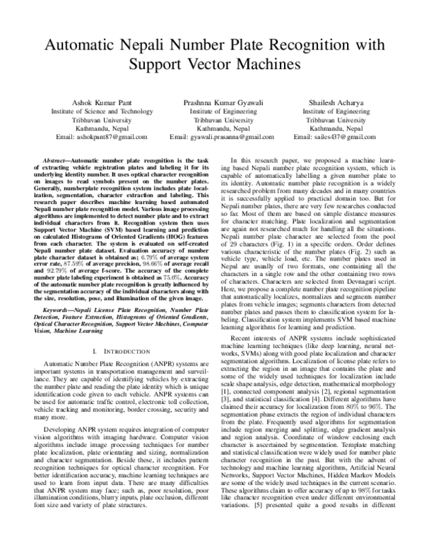 (PDF) Automatic Nepali Number Plate Recognition with Support Vector Machines