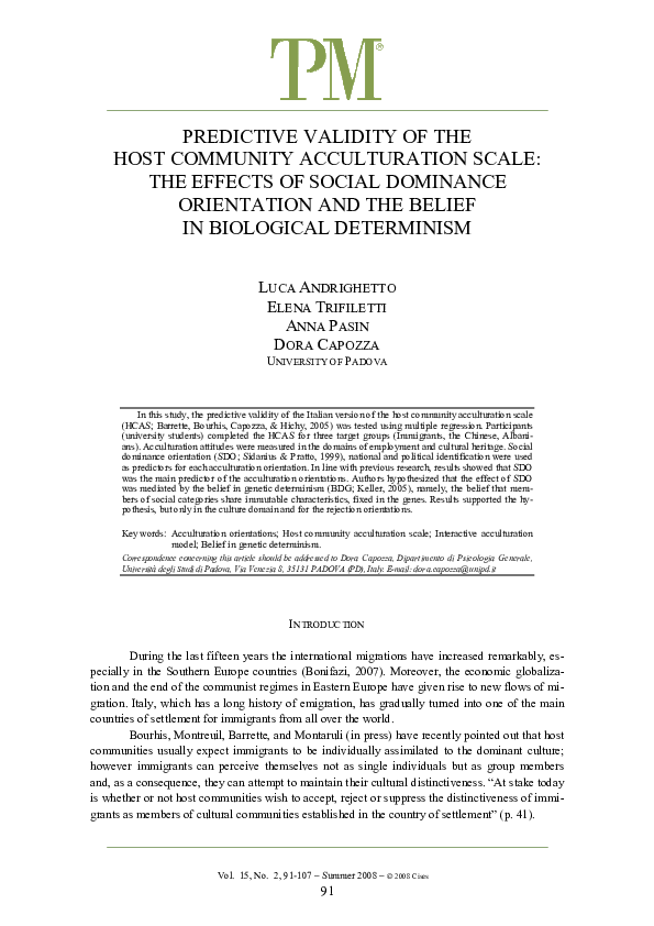 (PDF) Predictive validity of the host community acculturation scale: The effects of social ...
