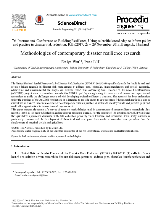 (PDF) Methodologies of contemporary disaster resilience research
