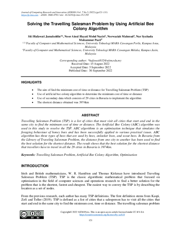 (PDF) Solving the Travelling Salesman Problem by Using Artificial Bee Colony Algorithm