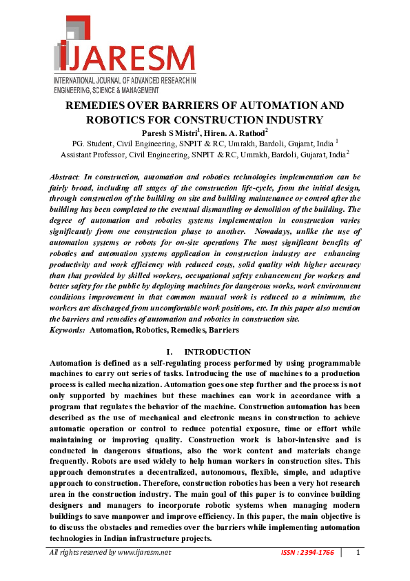 Pdf Remedies Over Barriers Of Automation And Robotics For Construction Industry