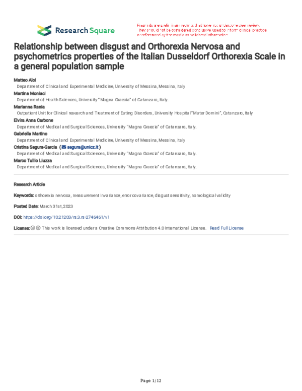 (PDF) Relationship between disgust and Orthorexia Nervosa and ...