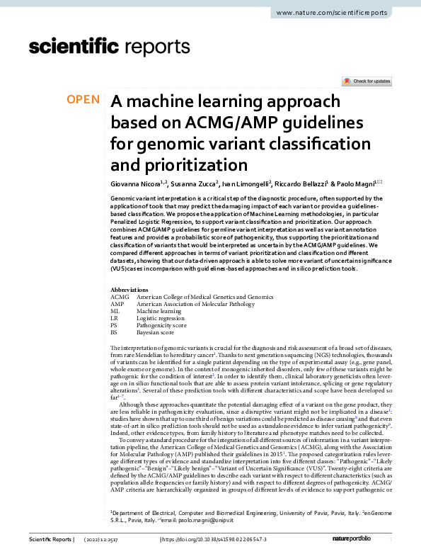(PDF) A machine learning approach based on ACMG/AMP guidelines for genomic variant ...