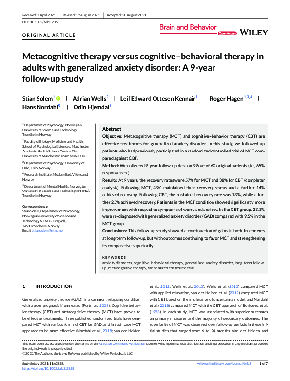 (PDF) Metacognitive therapy versus cognitive–behavioral therapy in adults with generalized ...
