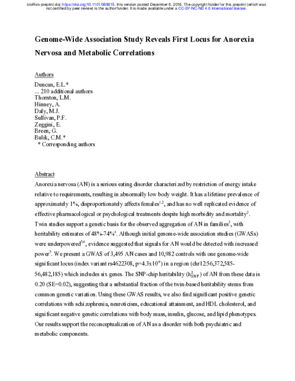 (PDF) Genome-Wide Association Study Reveals First Locus for Anorexia ...