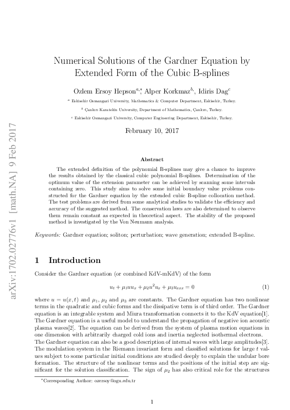 (PDF) Numerical solutions of the Gardner equation by extended form of the cubic B-splines