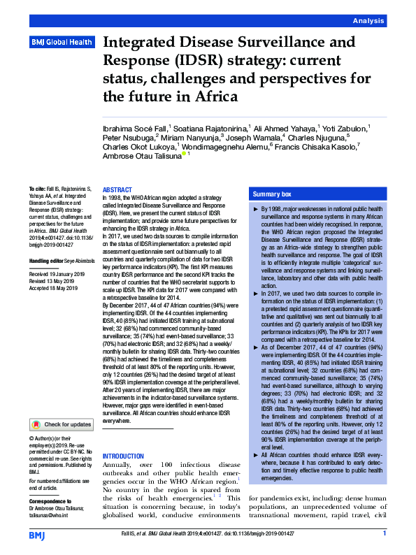 (PDF) Integrated Disease Surveillance and Response (IDSR) in Malawi ...