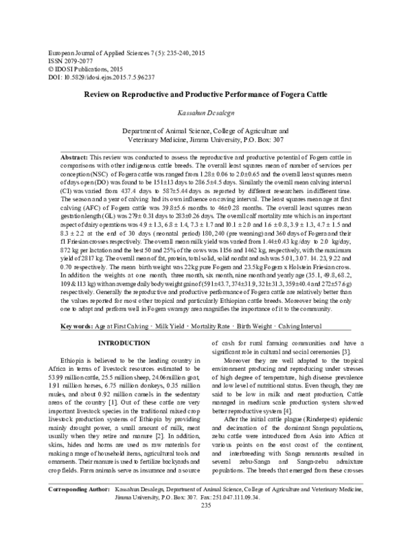 (PDF) Review on Reproductive and Productive Performance of Fogera Cattle