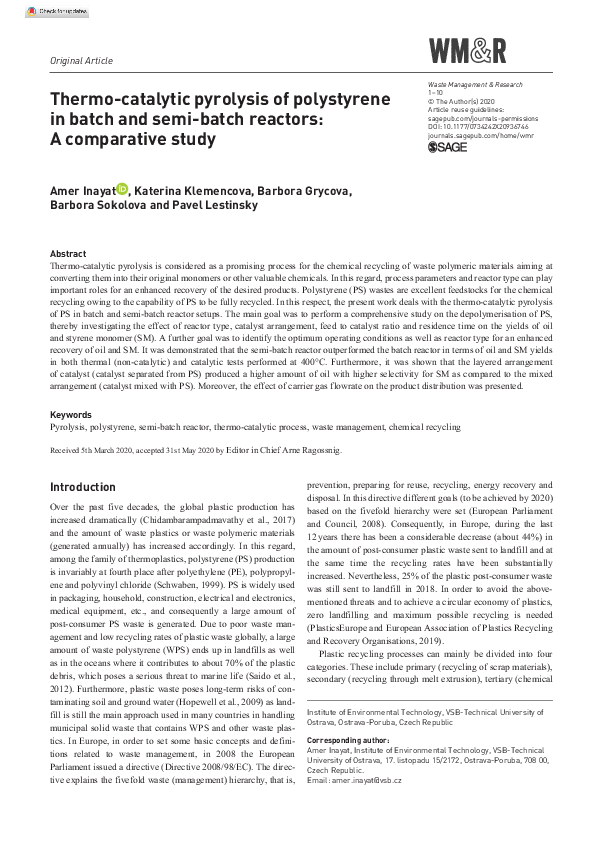 (PDF) Thermo-catalytic pyrolysis of polystyrene in batch and semi-batch reactors: A comparative ...