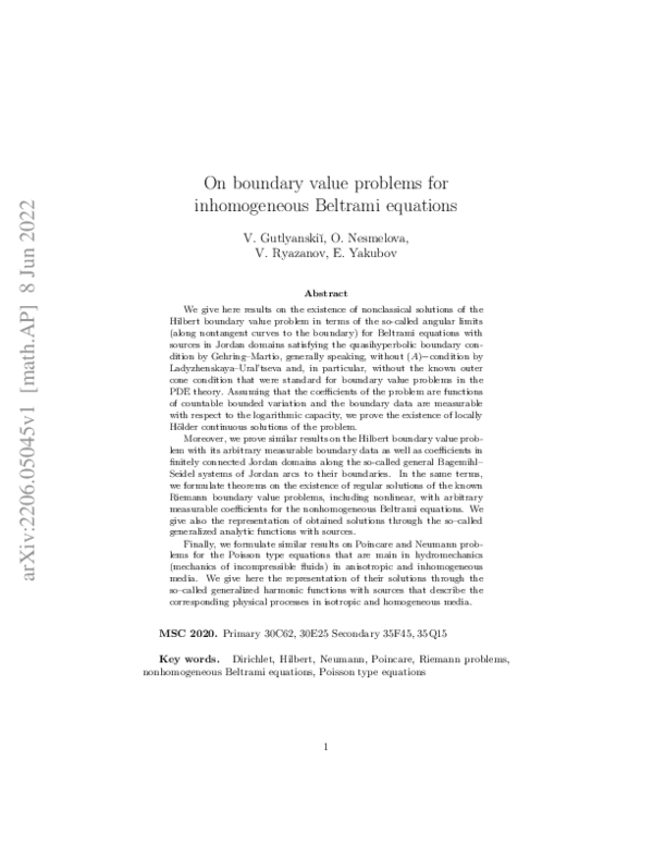(PDF) On boundary value problems for inhomogeneous Beltrami equations