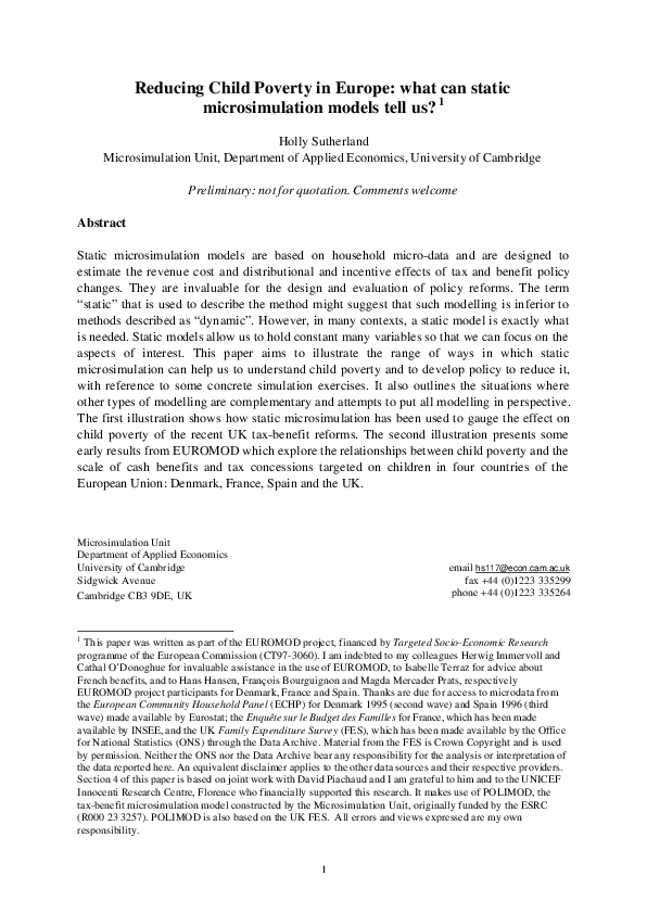 (PDF) Reducing Child Poverty in Europe: what can static microsimulation ...