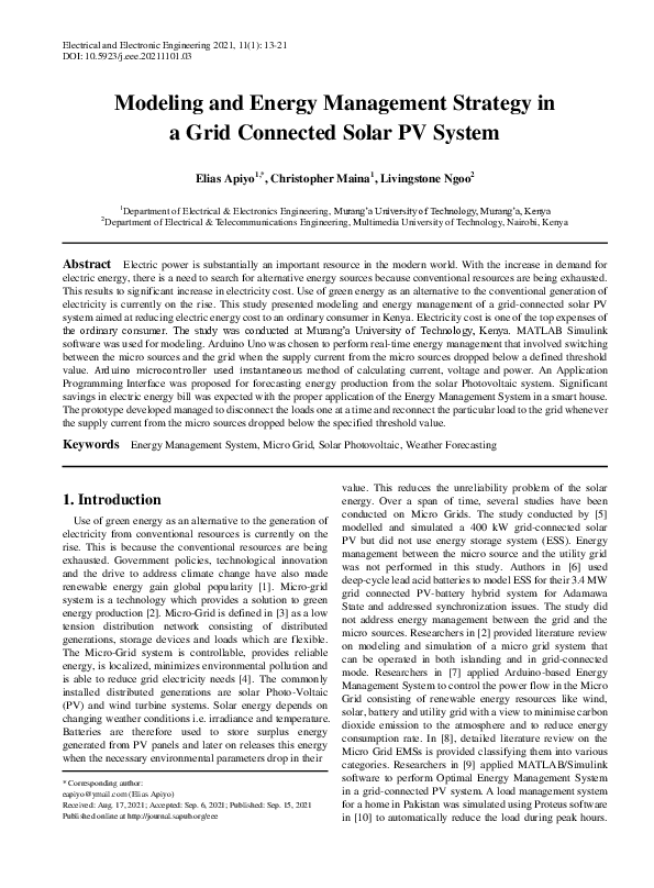 (PDF) Modeling and Energy Management Strategy in a Grid Connected Solar PV System