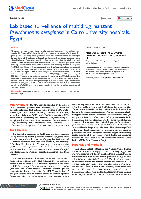 Pdf Lab Based Surveillance Of Multidrug Resistant Pseudomonas Aeruginosa In Cairo University