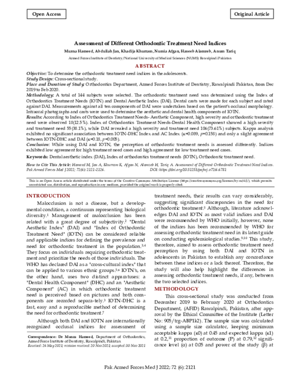 (PDF) Assessment of Different Orthodontic Treatment Need Indices