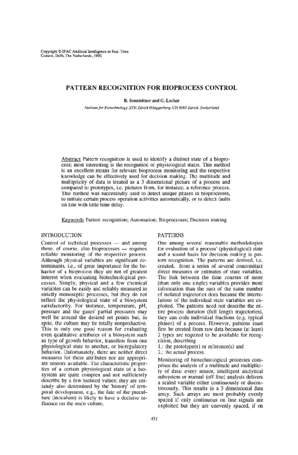 (PDF) Pattern recognition for bioprocess control