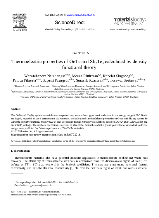 (PDF) Thermoelectric properties of GeTe and Sb2Te3 calculated by density functional theory ...