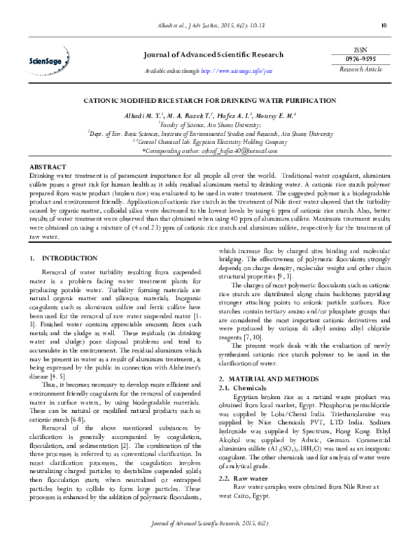 (PDF) Cationic Modified Rice Starch for Drinking Water Purification