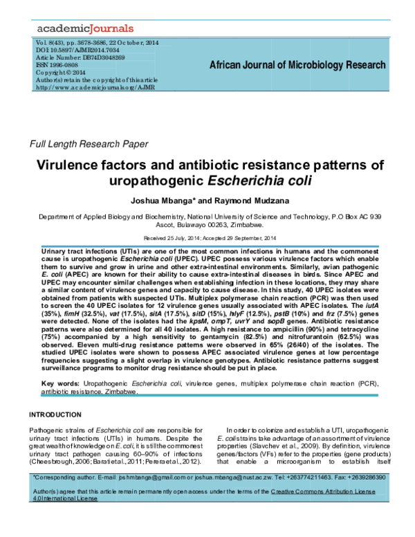 (PDF) Virulence factors and antibiotic resistance patterns of uropathogenic Escherichia coli